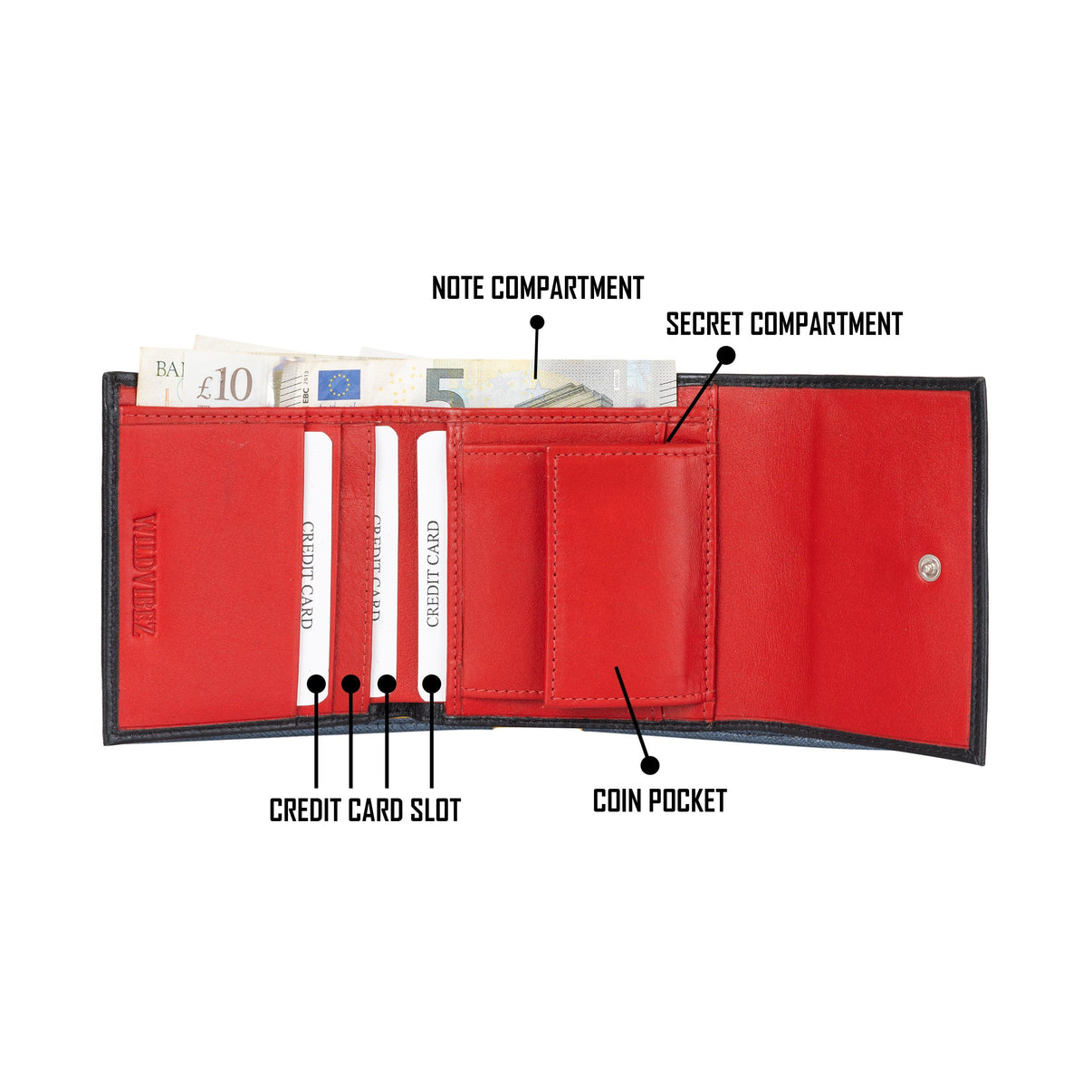 Fem Folio Tri Fold Ladies Wallet - Black & Red – WILDVIBEZ